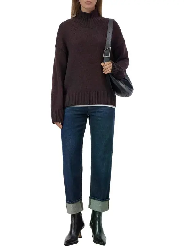 Closed High-neck Rib-trimmed Sweater - Brown