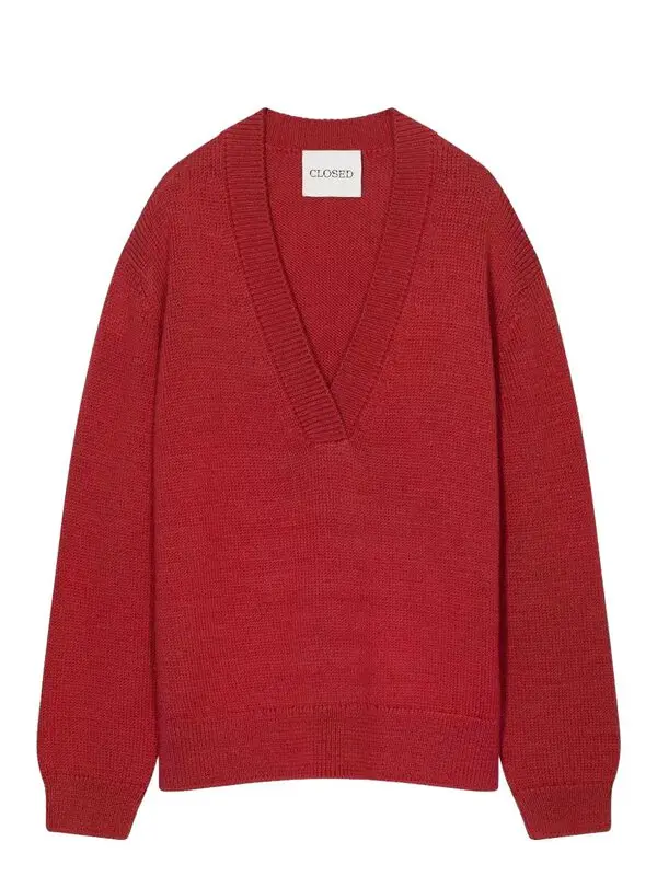 Closed V-neck Long-sleeve Sweater - Red