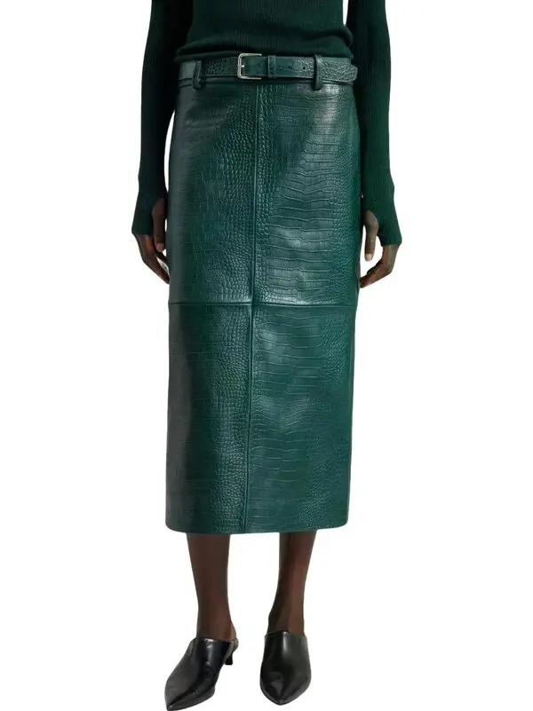 THE FRANKIE SHOP Midi Taney Croc Leather Skirt - Green