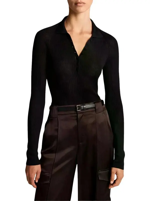 Vince Ribbed-knit Long-sleeve Polo Top - Black