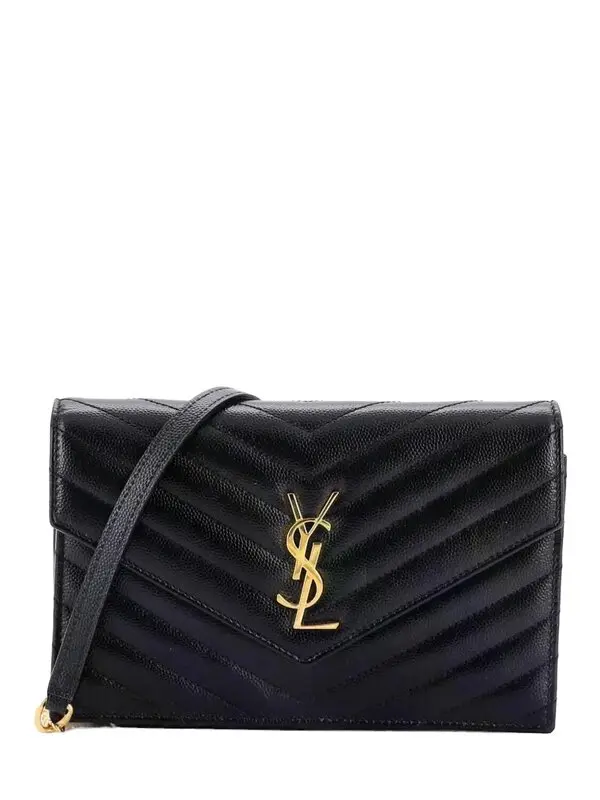 Saint Laurent Classic Monogram Wallet On Chain Matelasse Chevron Leather Small Crossbody Bag - Black