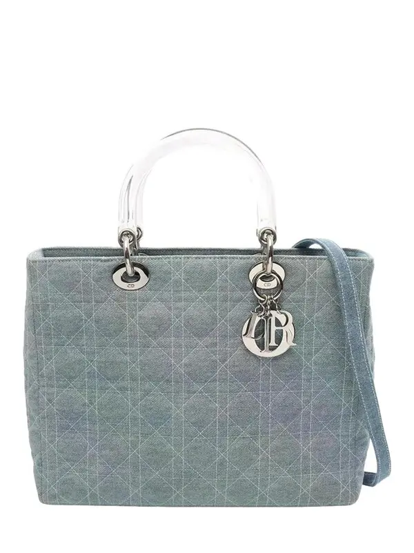 Dior 1990-2010 Large Denim Cannage Acrylic Handles Lady Satchel - Blue