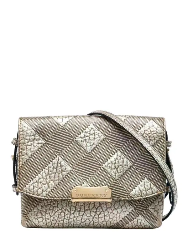 Burberry 2000-2017 Embossed Grain Check Leather Langley Crossbody Bag - Gold