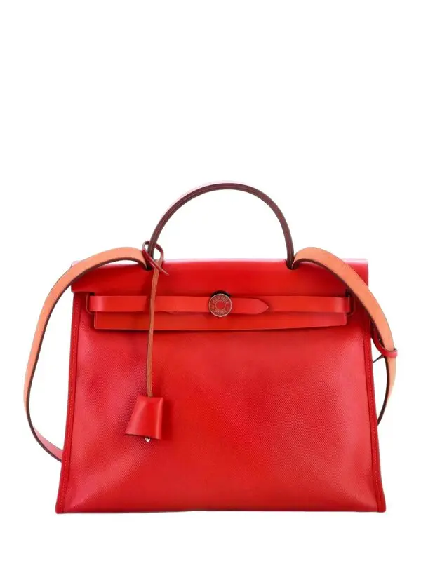 Hermès Herbag Zip Berline Vache Canvas And Leather 31 Shoulder Bag - Red