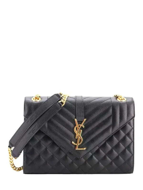 Saint Laurent Classic Monogram Envelope Satchel Mixed Matelasse Leather Medium Shoulder Bag - Black