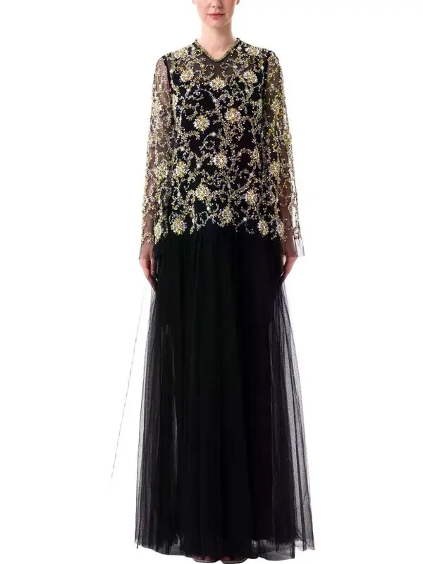 DINA MELWANI Floral-embellished Layered Maxi Dress - Black