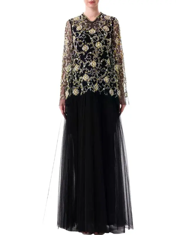 DINA MELWANI Floral-embellished Layered Maxi Dress - Black