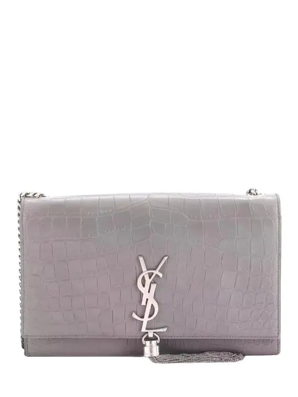 Saint Laurent Classic Monogram Tassel Crocodile Embossed Leather Medium Crossbody Bag - Grey