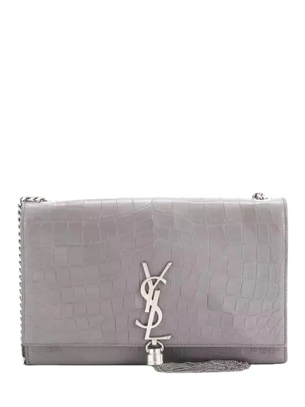 Saint Laurent Classic Monogram Tassel Crocodile Embossed Leather Medium Crossbody Bag - Grey