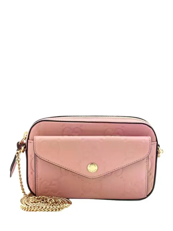 Gucci Front Pocket Chain Shoulder Bag Jumbo Gg Embossed Leather Super Mini Crossbody Bag - Pink