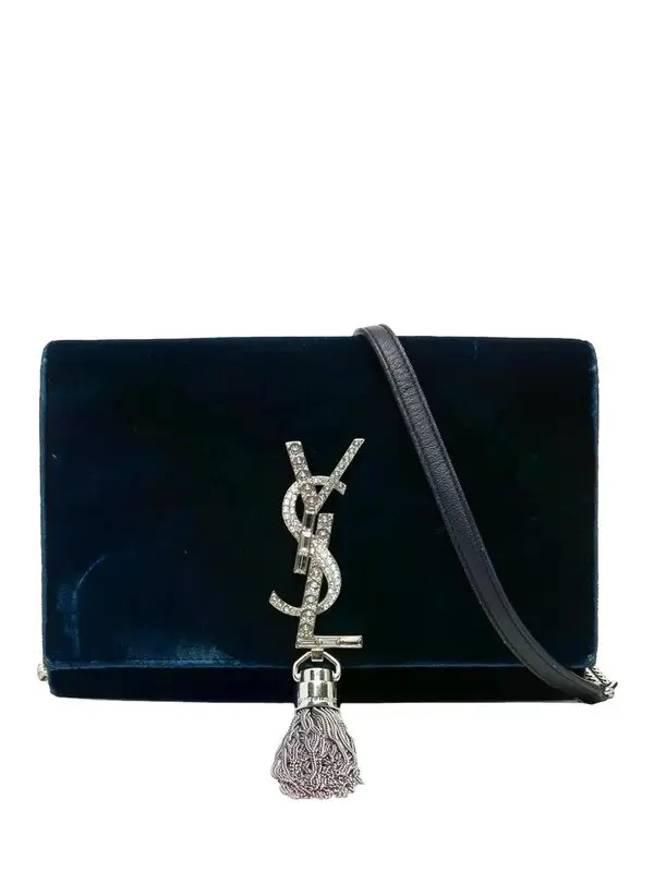 Saint Laurent 2017 Velvet Crystal Monogram Kate Tassel Wallet On Chain Crossbody Bag - Blue