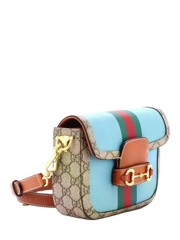 Gucci Horsebit 1955 Shoulder Bag Leather With Gg Coated Canvas Mini Crossbody Bag - Blue