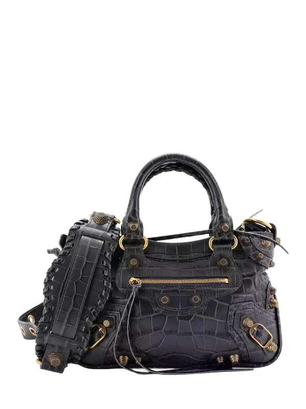 Balenciaga Le Cagole Giant Studs Crocodile Embossed Leather Small Tote Bag - Grey