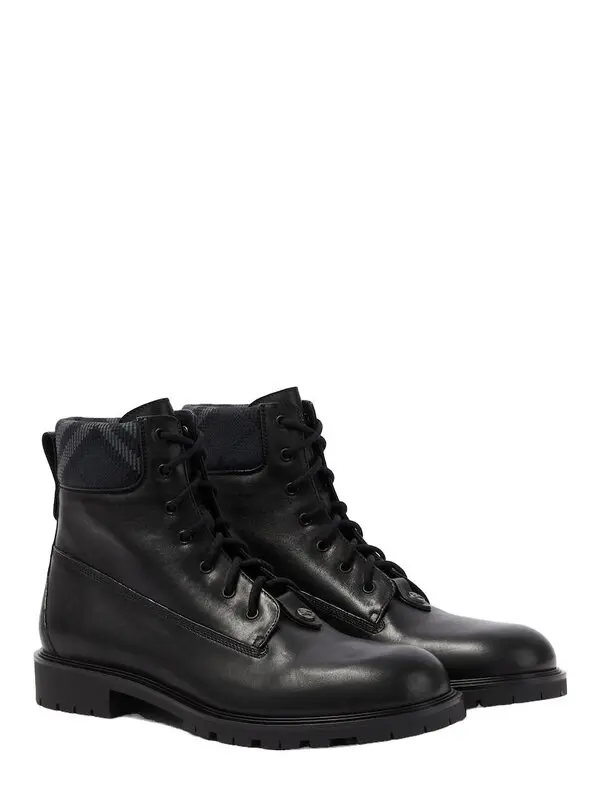 Burberry Check Leather Ankle Boots - Black