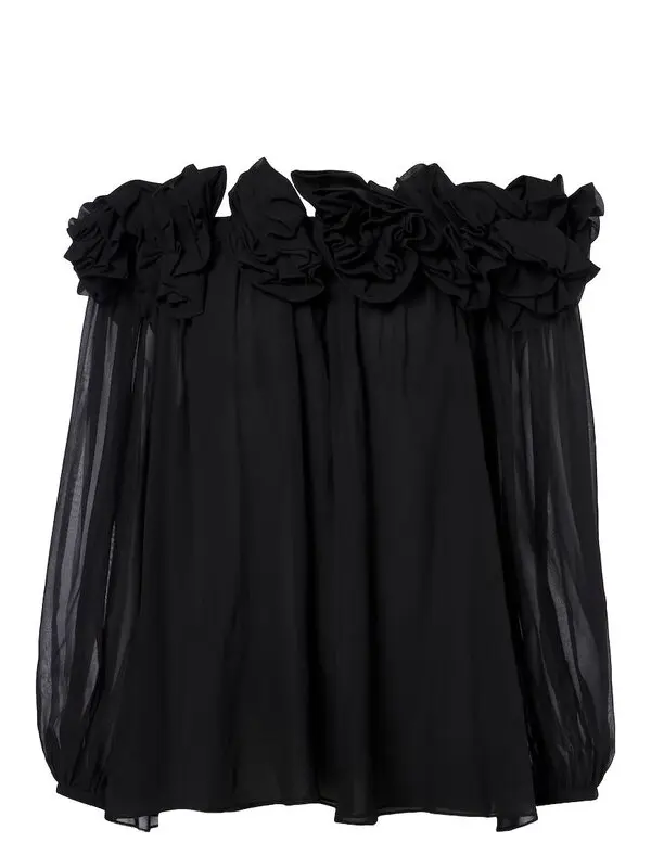 Carolina Herrera Floral-appliqué Gathered Silk Top - Black
