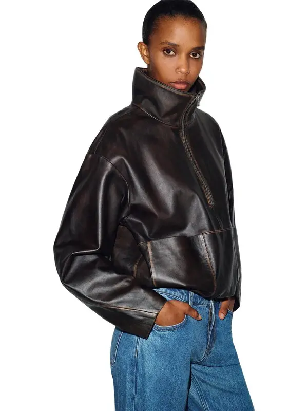 REFORMATION Veda Collins Leather Anorak - Grey