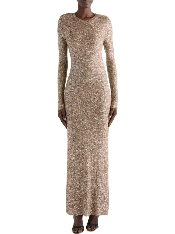 Saint Laurent Long Sleeve Maxi Gown - Marron/argent