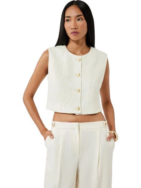 Koton Round Neck Floral Textured Cropped Vest With Jeweled Buttons - Ecru