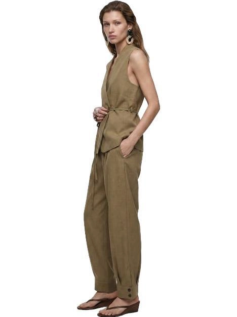Koton Linen Blend V-neck Tailored Vest With Belt - Khaki