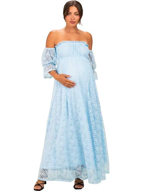 PINKBLUSH Lace Off Shoulder Maxi Dress - Light Blue