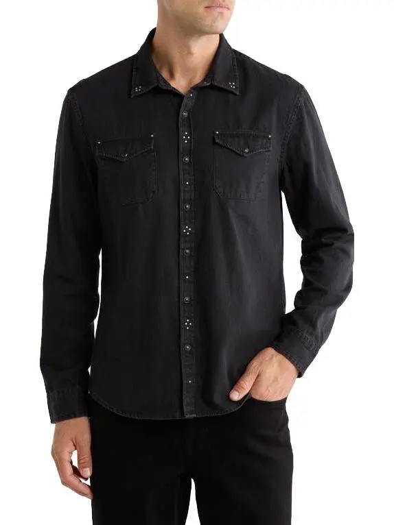John Varvatos Marshall Studded Coated Cotton Denim Snap-up Western Shirt - Black