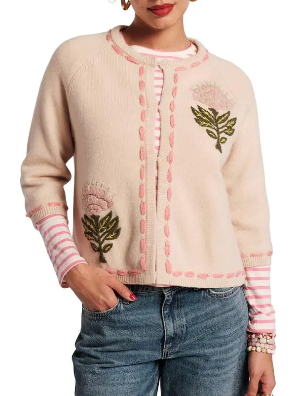 FRANCES VALENTINE Border Flower Cardigan Heirloom Floral - Oyster/multi