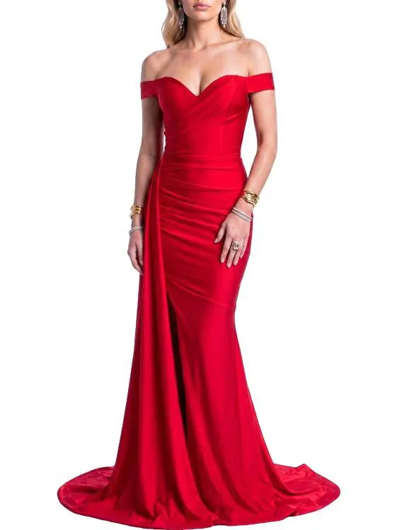 JESSICA ANGEL Off Shoulder Draped Side Slit Evening Gown - Red