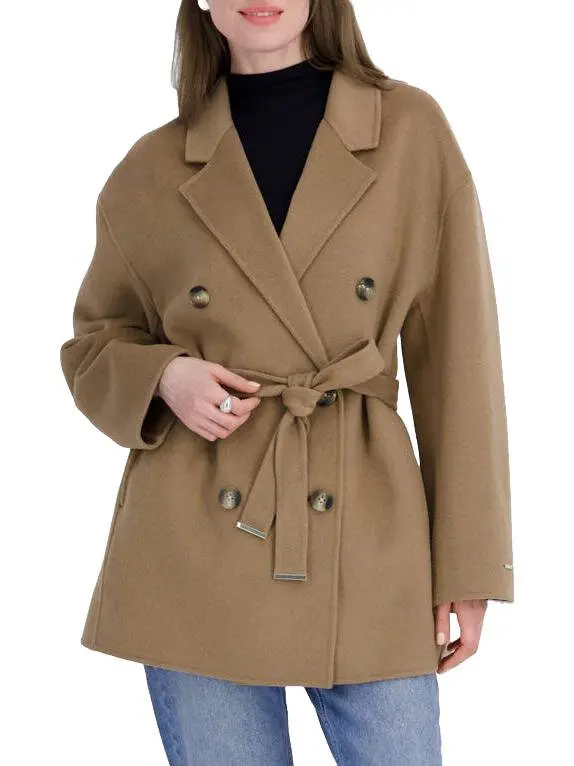 Tahari Alex Wool Blend Double Breasted Coat - Camel