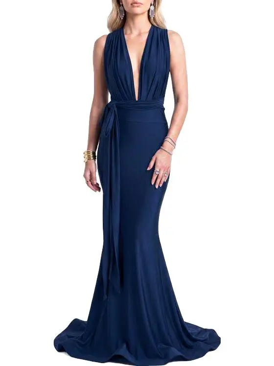 JESSICA ANGEL Plunging V-neck Tie-waist Mermaid Evening Gown - Navy