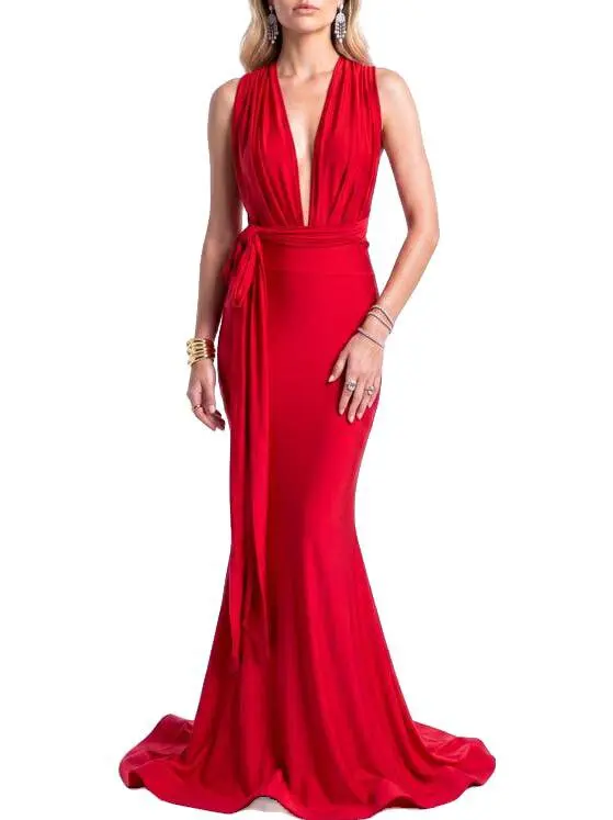 JESSICA ANGEL Plunging V-neck Tie-waist Mermaid Evening Gown - Red