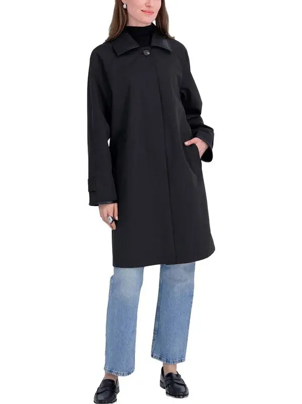Tahari Ingrid Faux Leather Trim Rain Coat - Blk