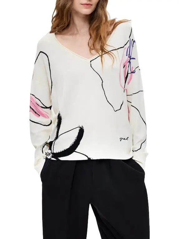 Desigual Floral V-neck Sweater - White