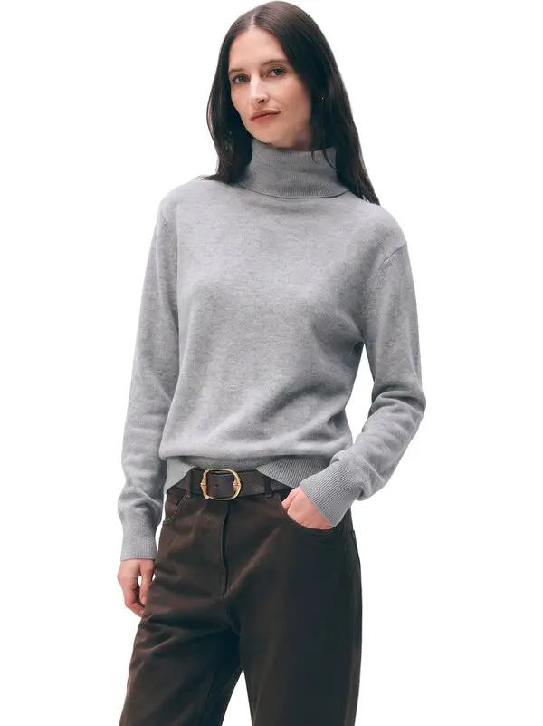 WHITE & WARREN Cashmere Rib Trim Easy Turtleneck Sweater In Size - Grey