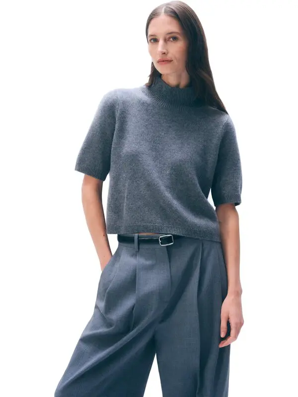 WHITE & WARREN Cashmere Mockneck Tee Top - Graphite Heather