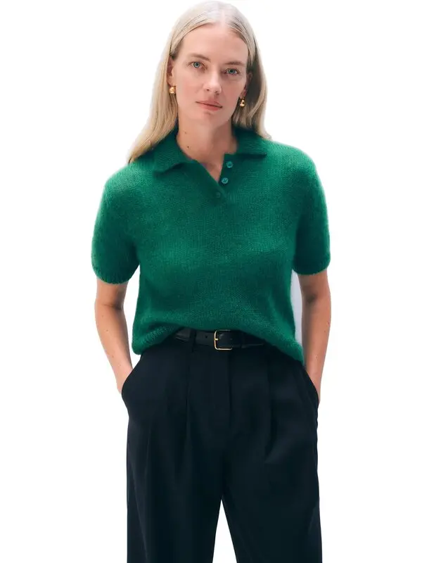 WHITE & WARREN Mohair Blend Polo Shirt Sweater In Size - Bright Emerald