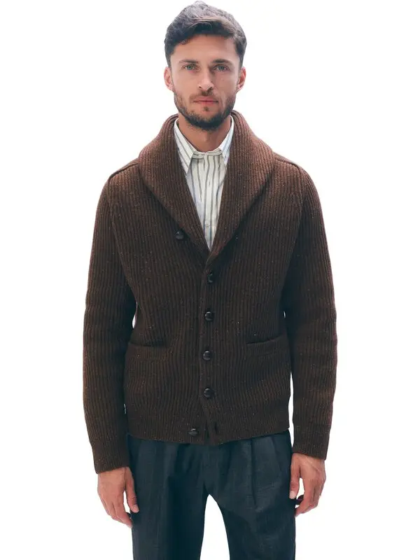 WHITE & WARREN Merino Wool Donegal Shawl Cardigan Sweater In Size - Walnut Donegal