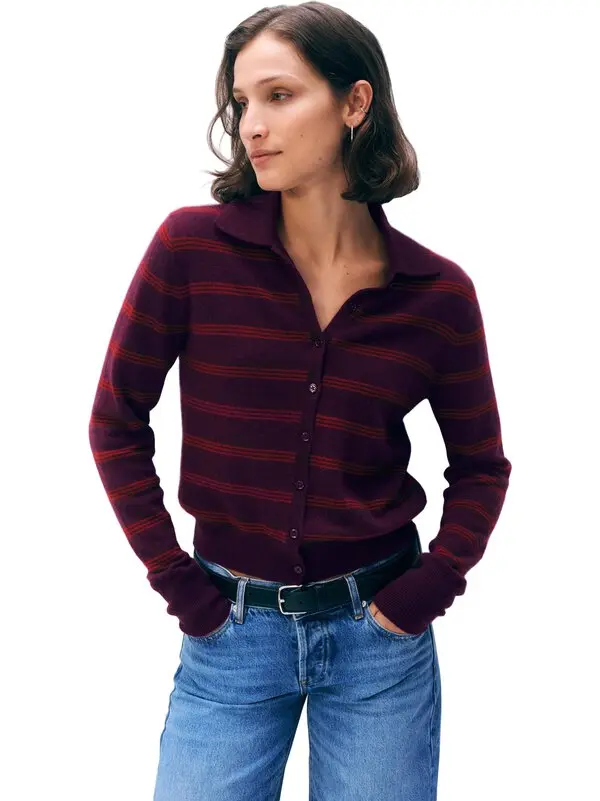 WHITE & WARREN Cashmere Striped Cardigan Sweater In Size - Red