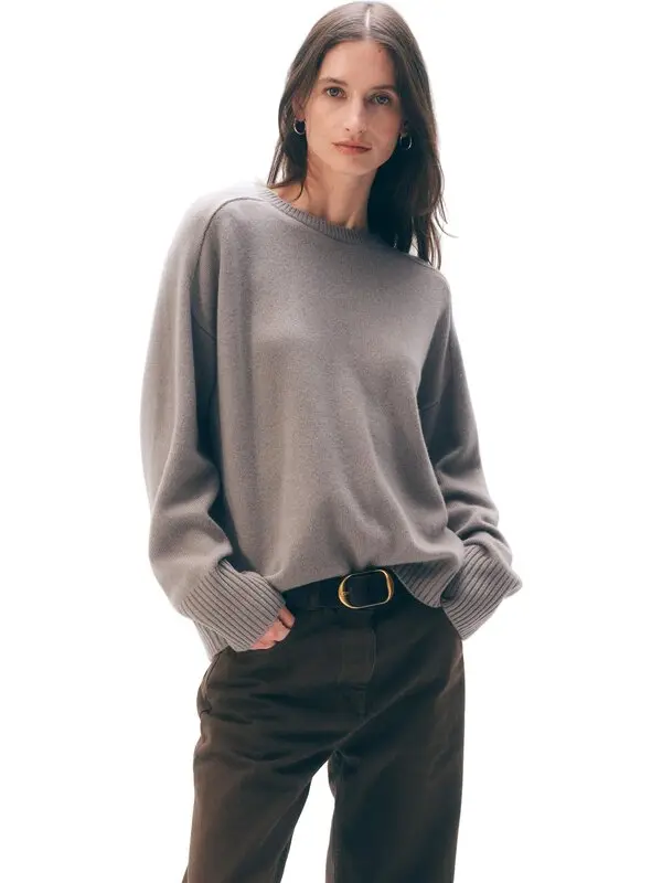 WHITE & WARREN Cashmere Saddle Sleeve Crewneck Top In Size - Soft Shale