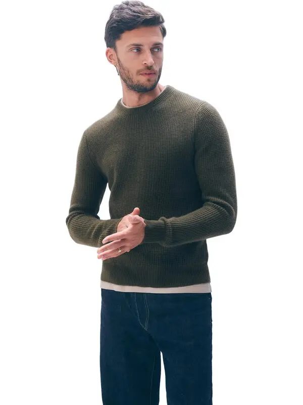 WHITE & WARREN Cashmere Blend Waffle Crewneck Top - Deep Sage