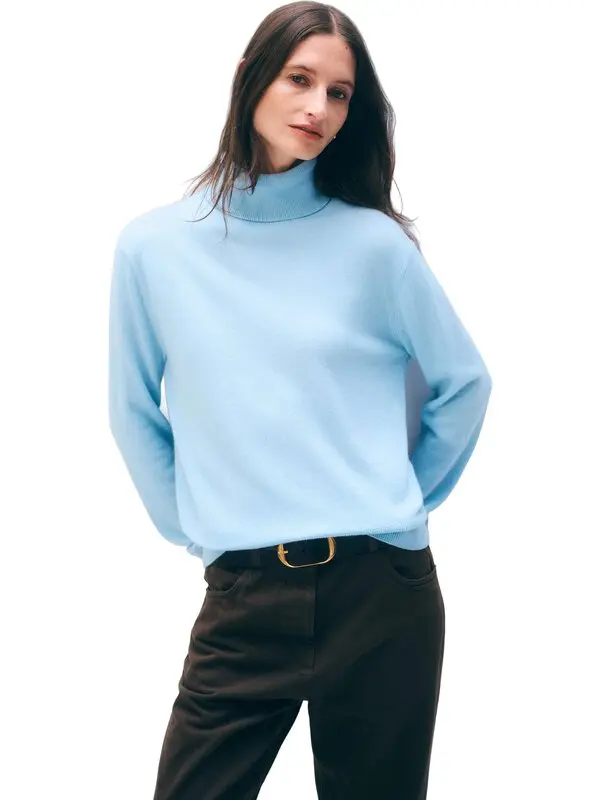 WHITE & WARREN Cashmere Rib Trim Easy Turtleneck Sweater In Size - Blue