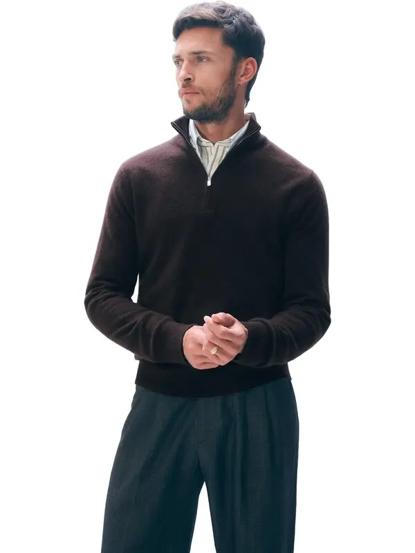 WHITE & WARREN Cashmere Quarterzip Sweater In Size - Coffee Bean