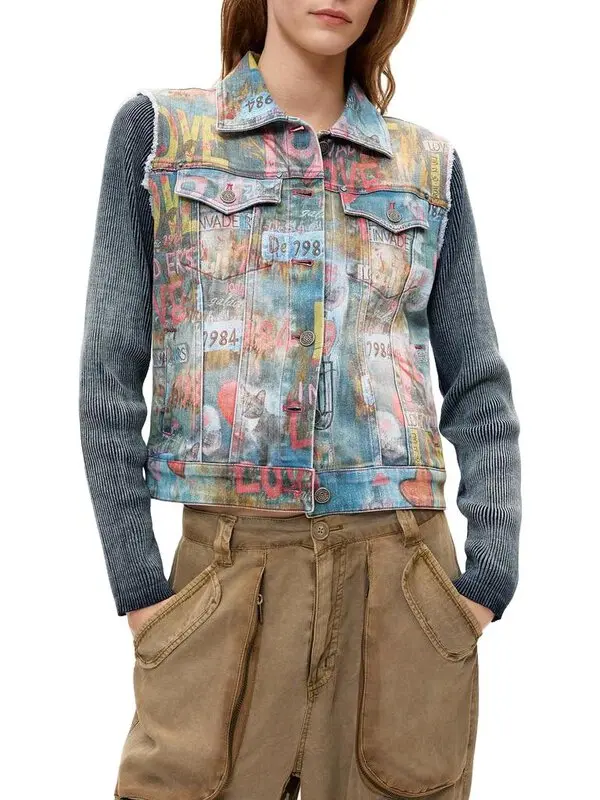 Desigual Graffiti Ribbed Sleeve Trucker Jacket - Light Blue