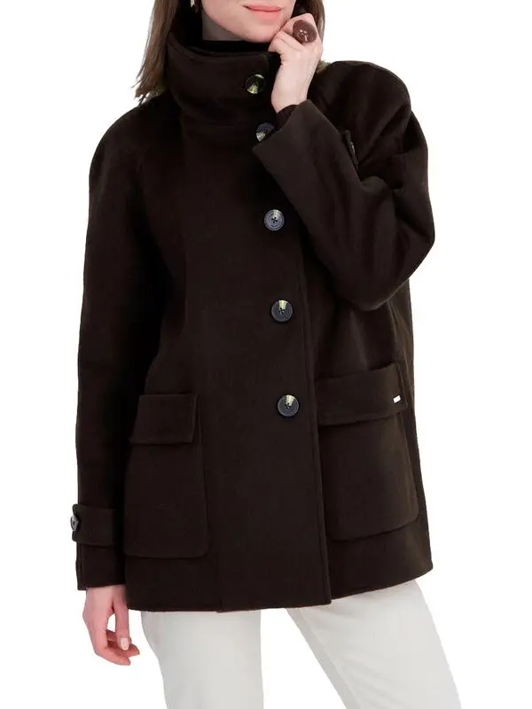 Tahari Harper Wool Blend Funnel Neck Coat - Chocolate