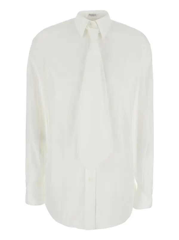 Brunello Cucinelli White Shirt With Classic Collar And Oversized Tie On The Front In Cotton For - Multicolor