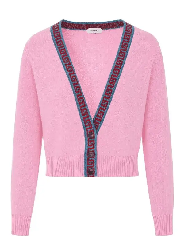 Versace Knit Cardigan With Contrasting Greca Motif - Pink