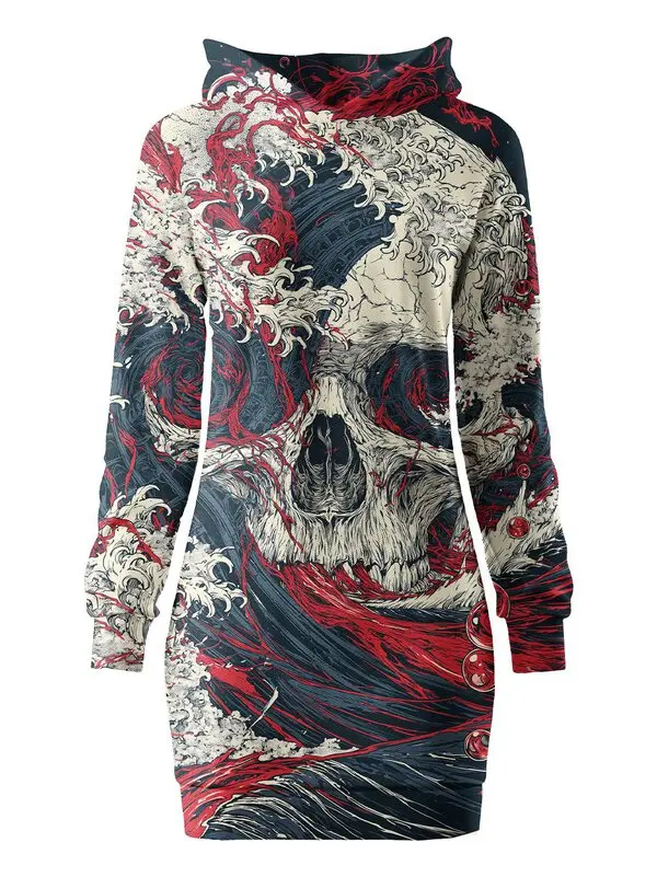 ALOHA FROM DEER Sea Of Skull Oversize Hoodie Dress - Red/grey