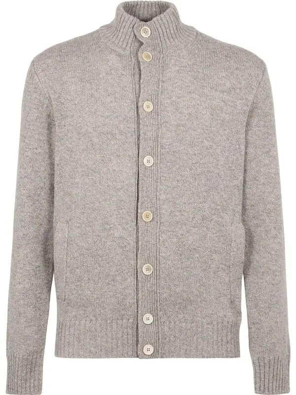 SLOWEAR Virgin Wool Casual High-neck Cardigan With Button Front Pockets - Grey