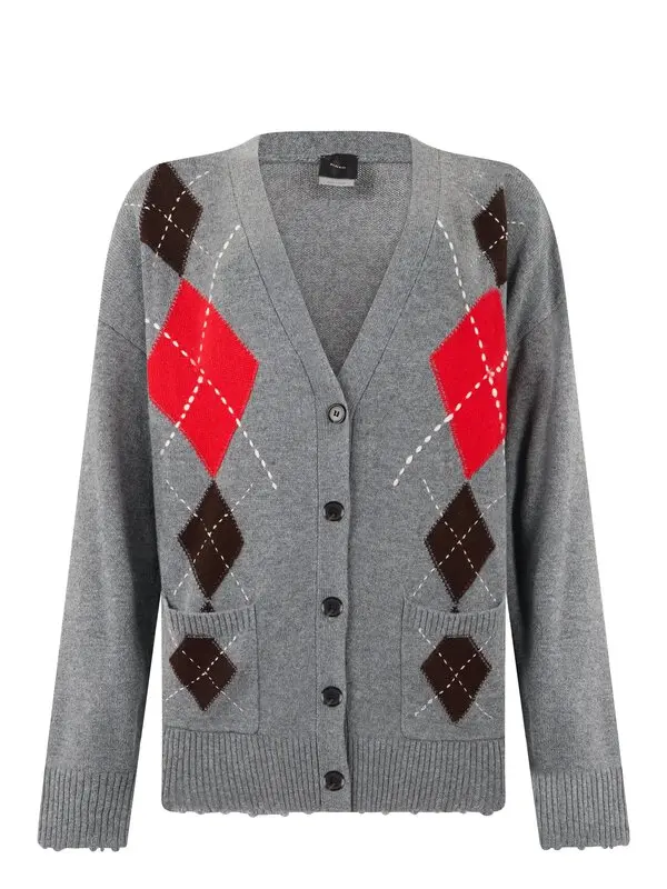 Pinko Cardigan In Wool And Cashmere With Diamond Pattern - Grey
