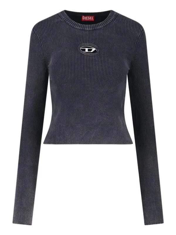 DIESEL® Ribbed Long Sleeve Cutout Logo Top - Black