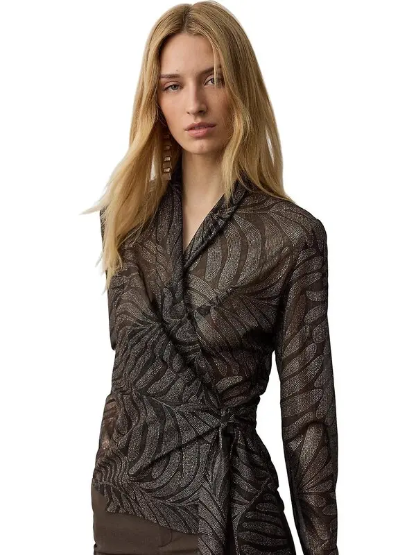 Ralph Lauren Shea Foiled Crinkle Chiffon Wrap Blouse - Espresso Multi
